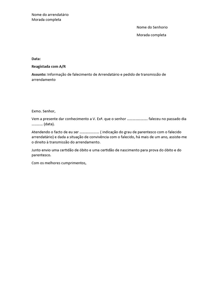 Carta A Enviar Ao Senhorio Aquando Do Falecimento Do Arrendatario | PDF
