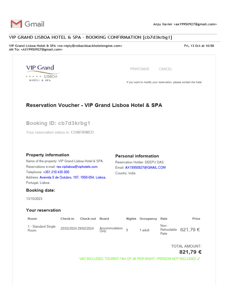 VIP Grand Lisboa Booking Confirmed | PDF | Value Added Tax | Taxes