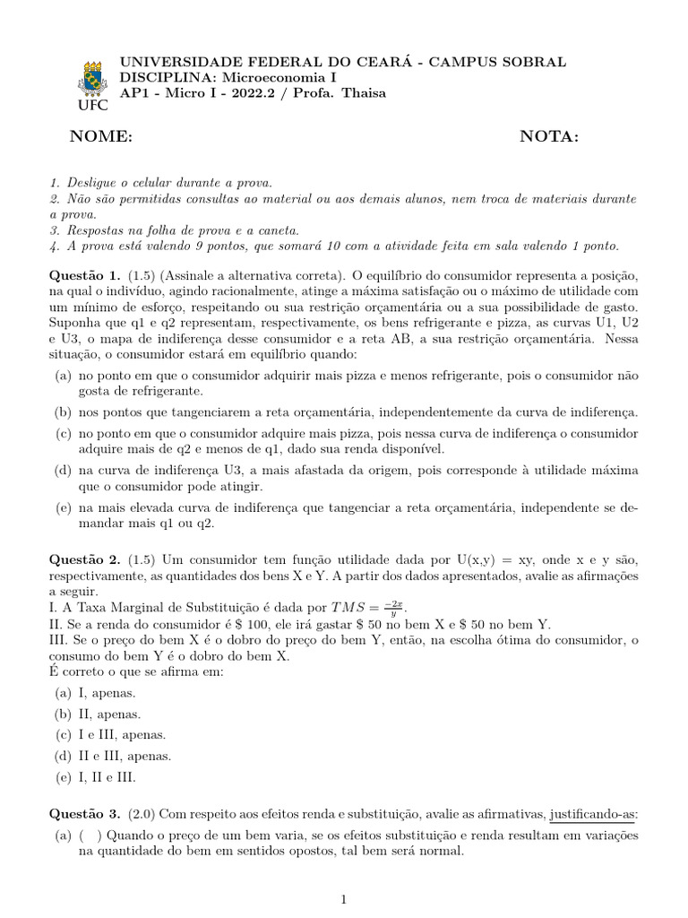 AP1 Micro I - 2022.2 | PDF | Economia | Economias
