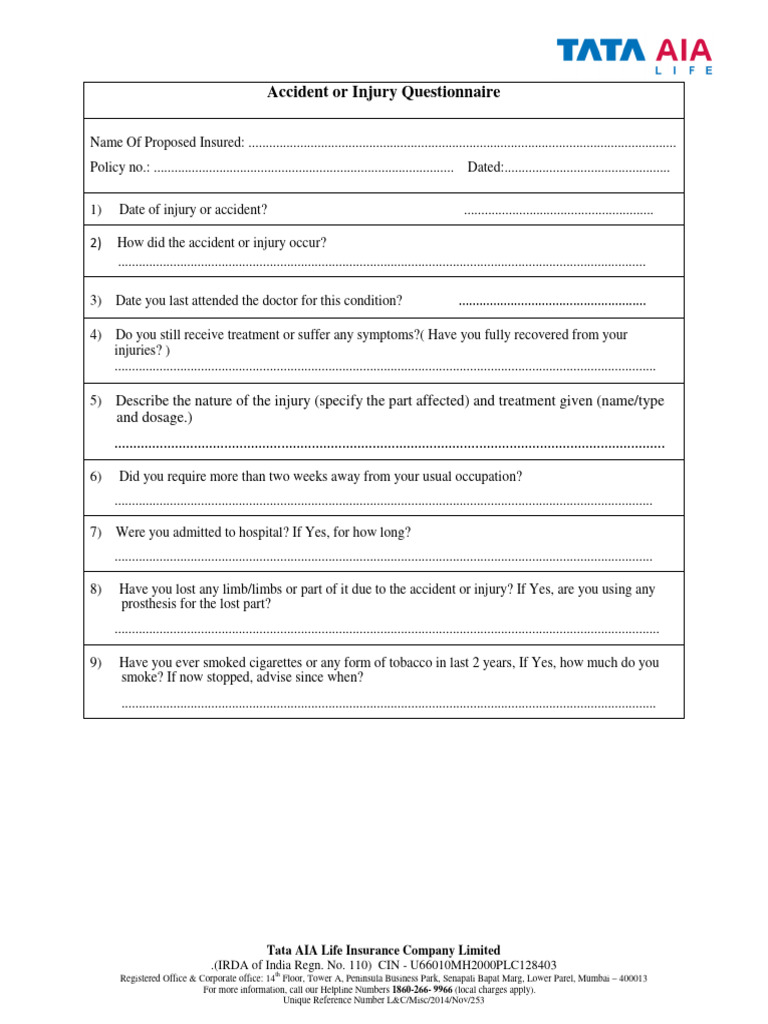 Accident or Injury Questionnaire | PDF