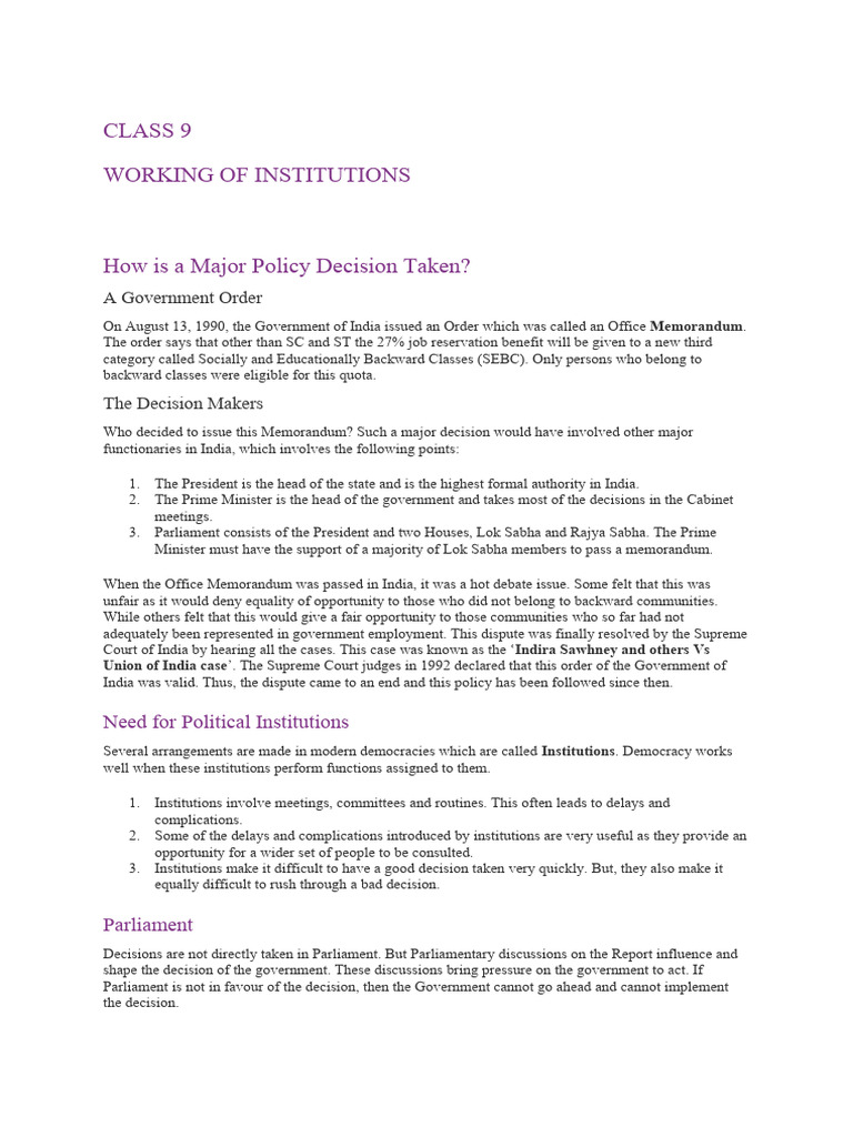 Class 9 Working of Institutions | PDF
