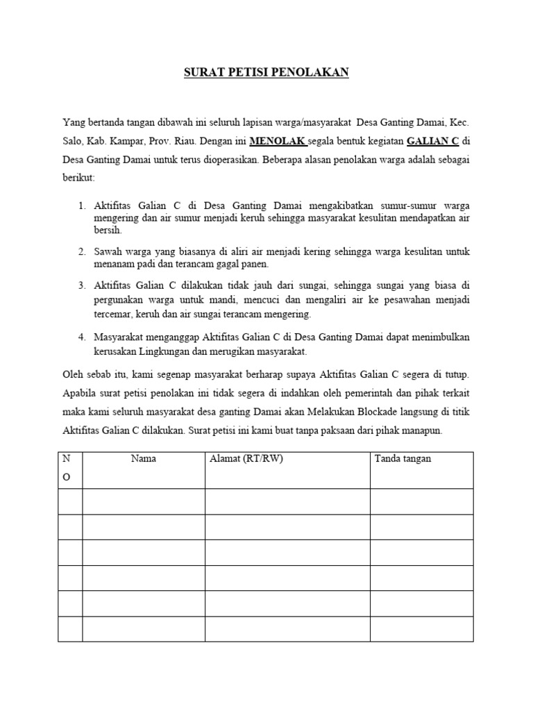 CTH. SURAT PETISI PENOLAKAN | PDF
