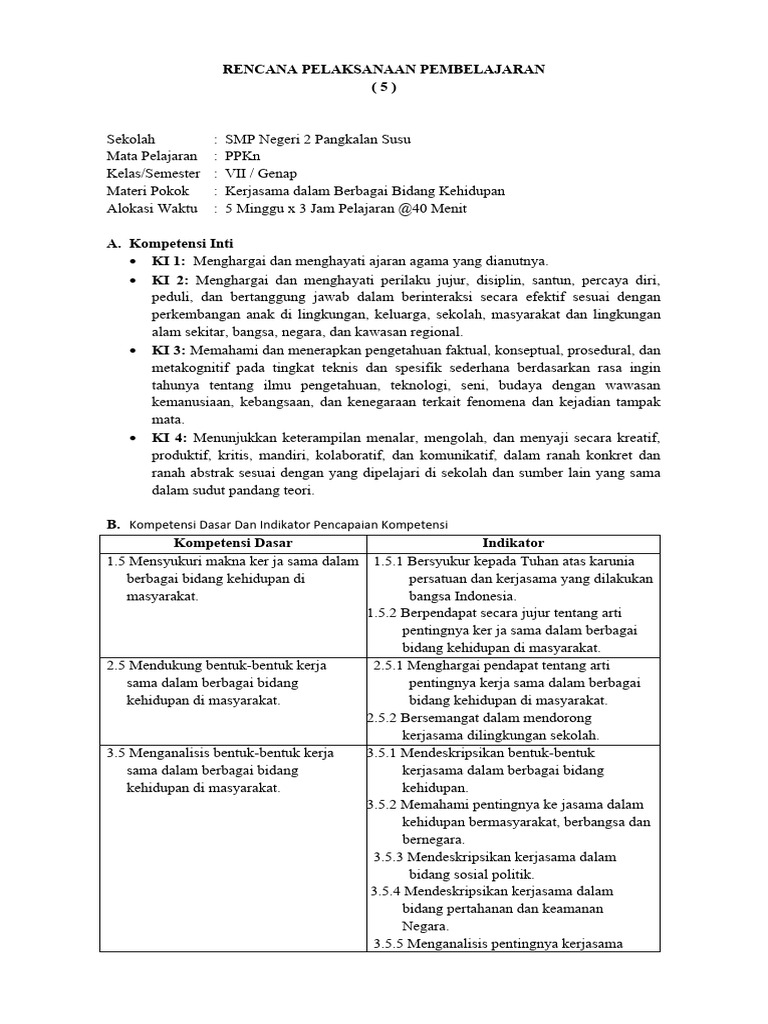RPP 5 Kerjasama Dalam Berbagai Bidang Kehidupan | PDF | Karier ...