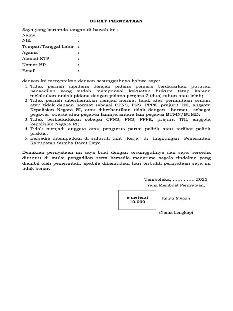 Format Surat Pernyataan SBD 2023 | PDF