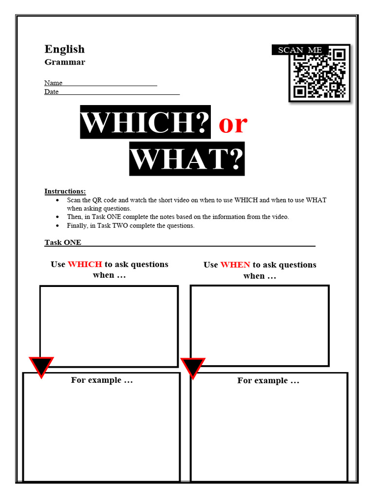 Which Or What Grammar Worksheet And Note Making Tasks 152591 PDF