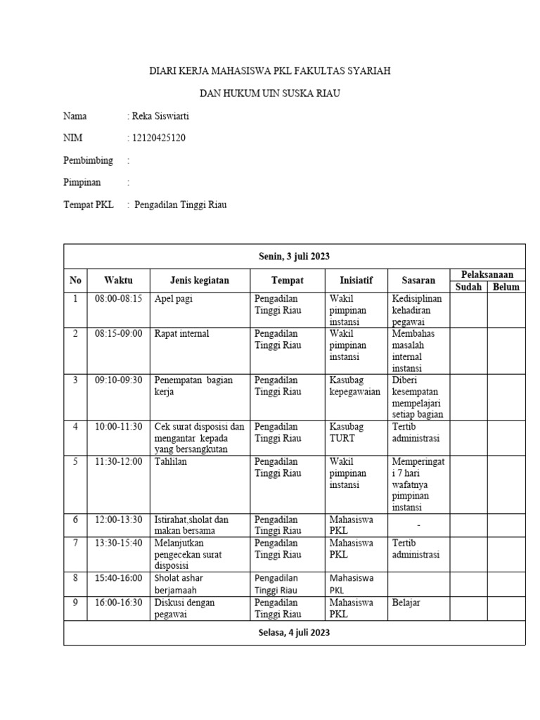 Diari Kerja Magang Putri & Reka | PDF