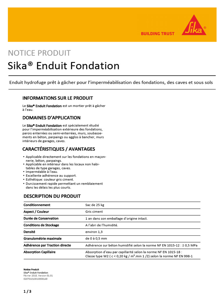 Sika® Enduit Fondation : Imperméabilisation | PDF