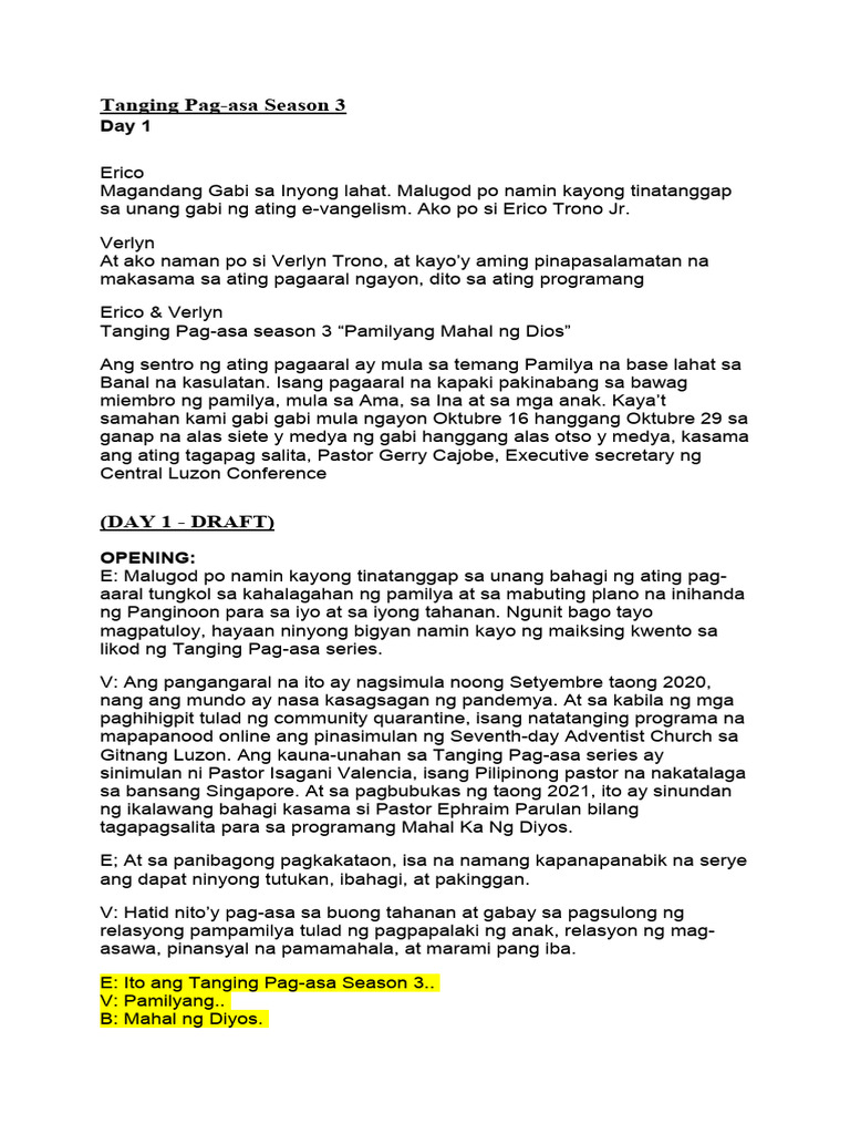 Tanging Pagasa Sample Script | PDF
