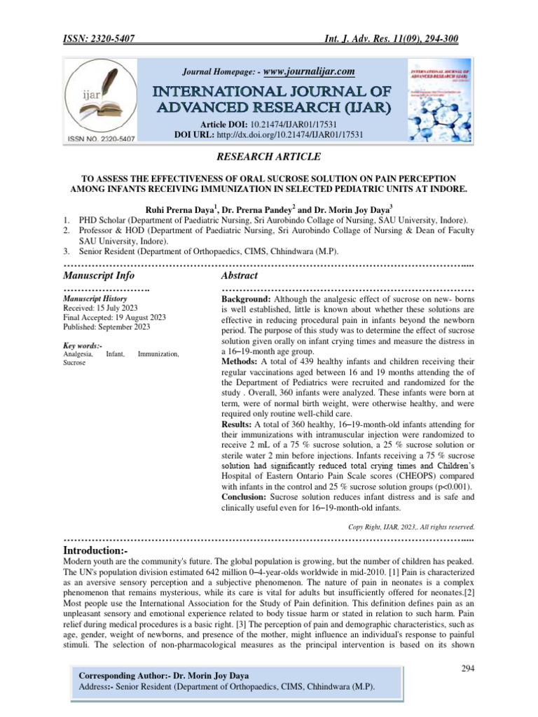 Oral Sucrose for Infant Immunization Pain | PDF | Self-Improvement ...