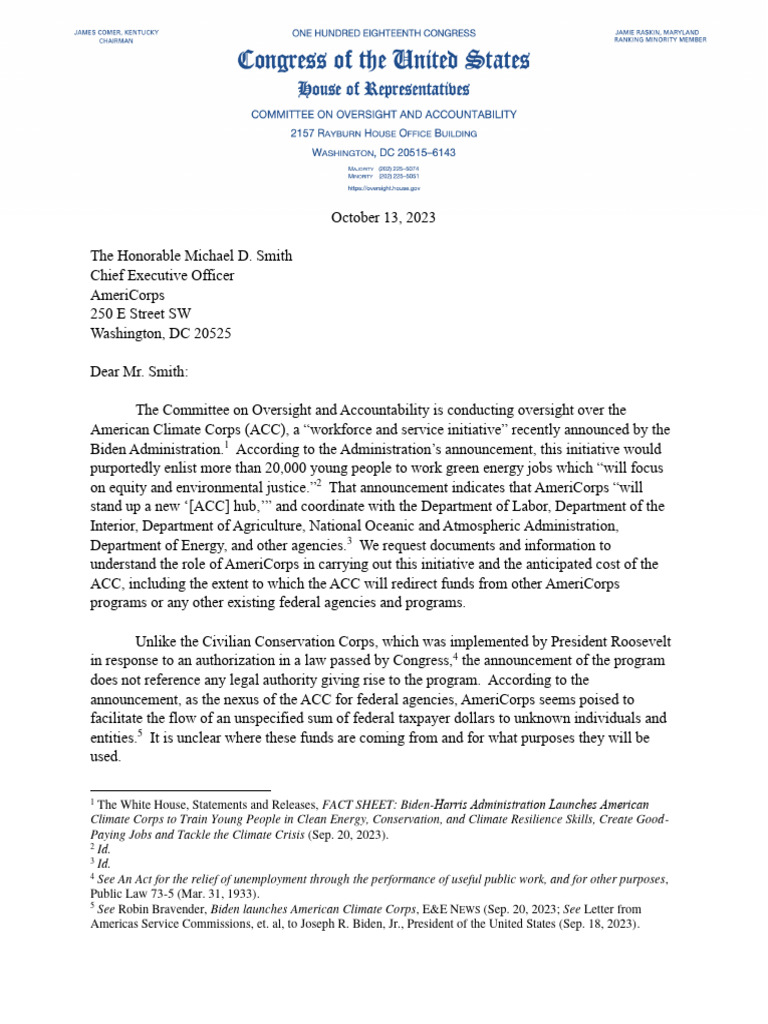 Oversight Letter To AmeriCorps | PDF | Politics