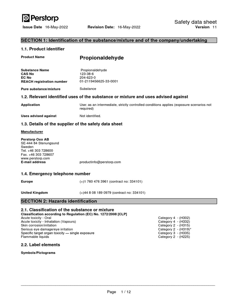 Propionaldehyde Safety Data Sheet | PDF | Toxicity | Dangerous Goods