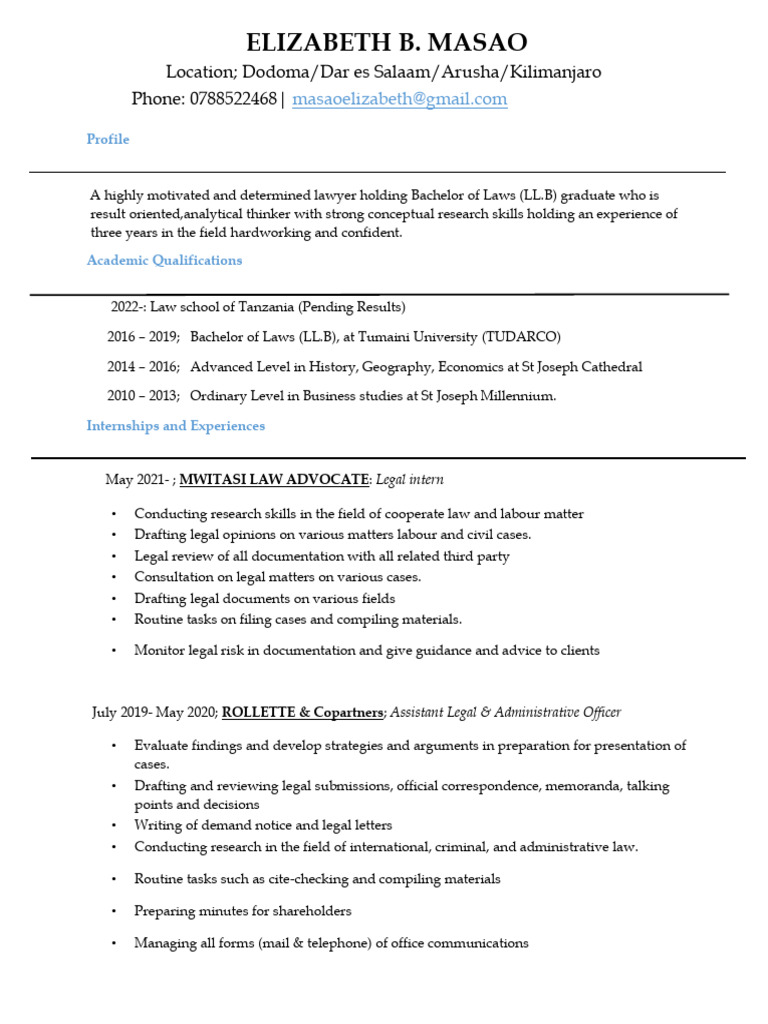CV Sample for Tanzanian Law Graduate | PDF | Sales | Tanzania