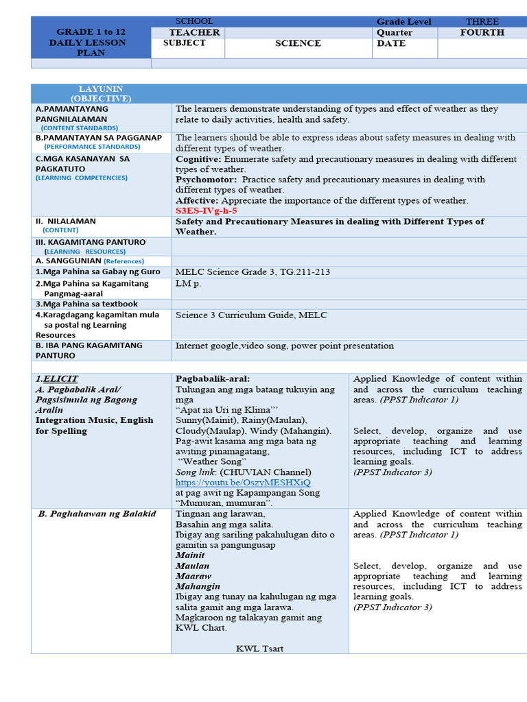 Grade 3 Science Lesson Plan: Weather Safety | PDF | Behavioural Sciences | Cognitive Psychology