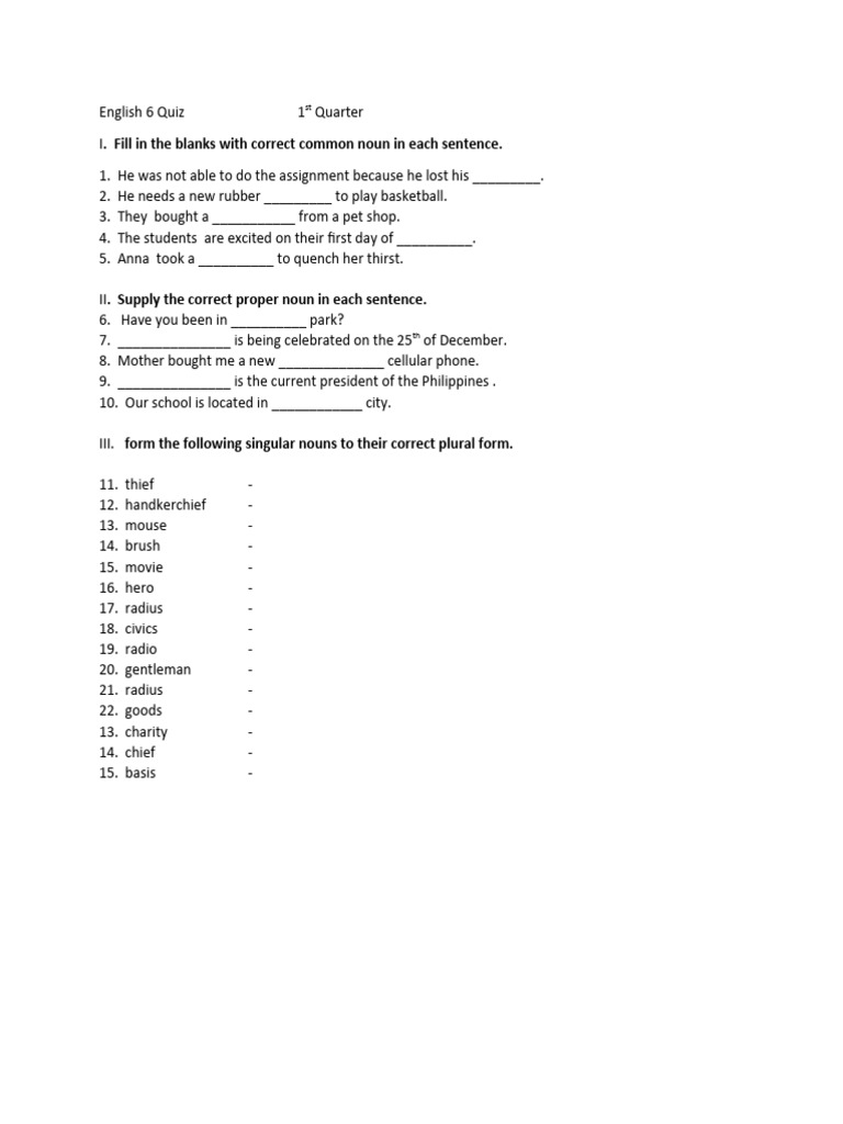 QUiz About Common Proper, Singular To Plural Grade 6 | PDF