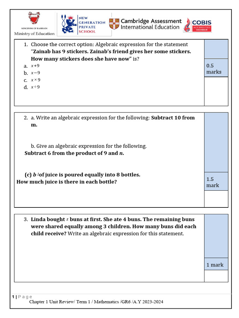 Grade 6 Unit Test 1 Chapter 1 Alebra | PDF | Algebra | Mathematics