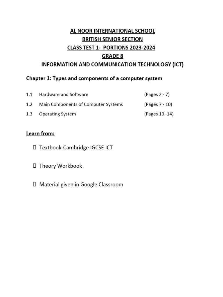 Grade 8 - Class Test 1 - ICT Portions 2023-2024-1 | PDF