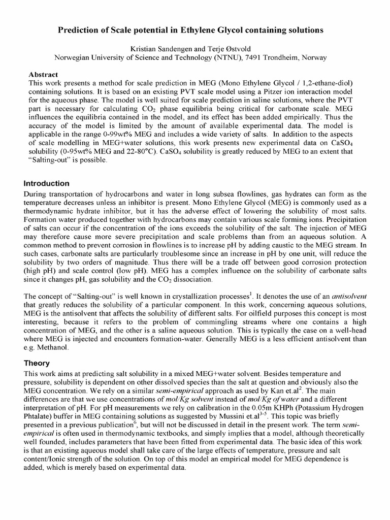 Prediction of Scale Potential in Ethylene Glycol Containing Solutions | Download Free PDF ...