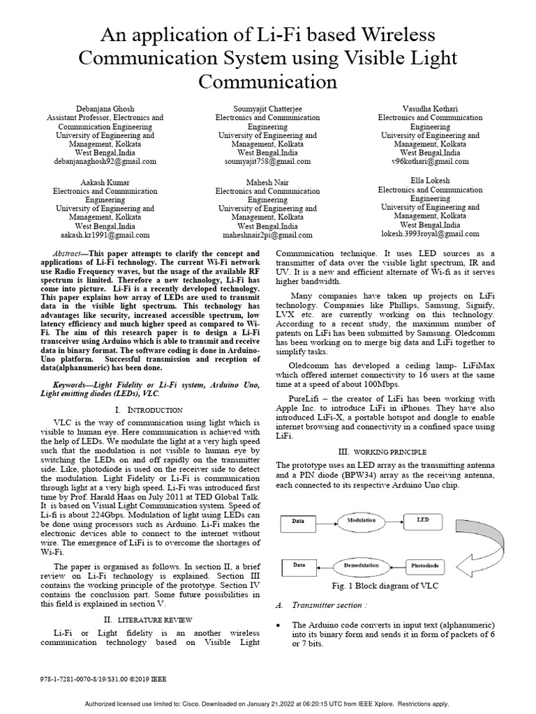 An Application Of Li Fi Based Wireless Communication System Using Visible