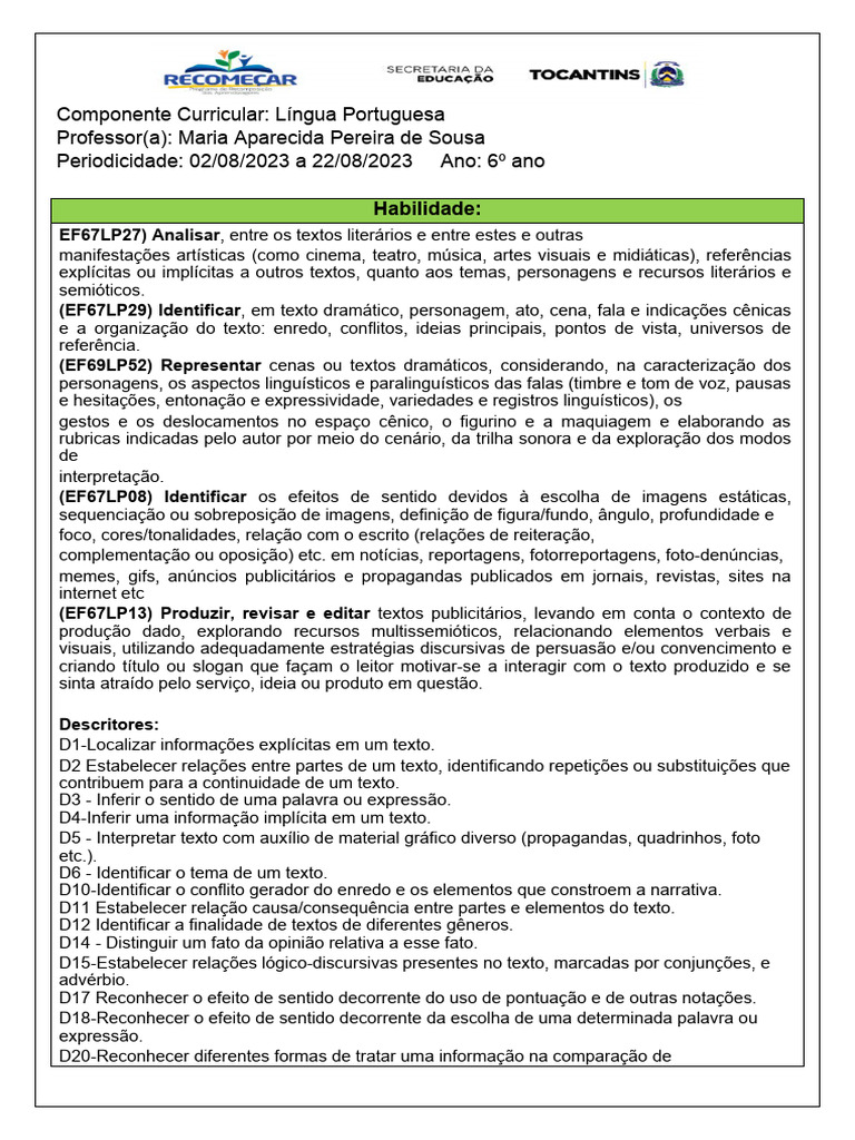 1 Recomeçar - 1º Plano de Aula 6 Ano Terceiro Bimestre | PDF ...