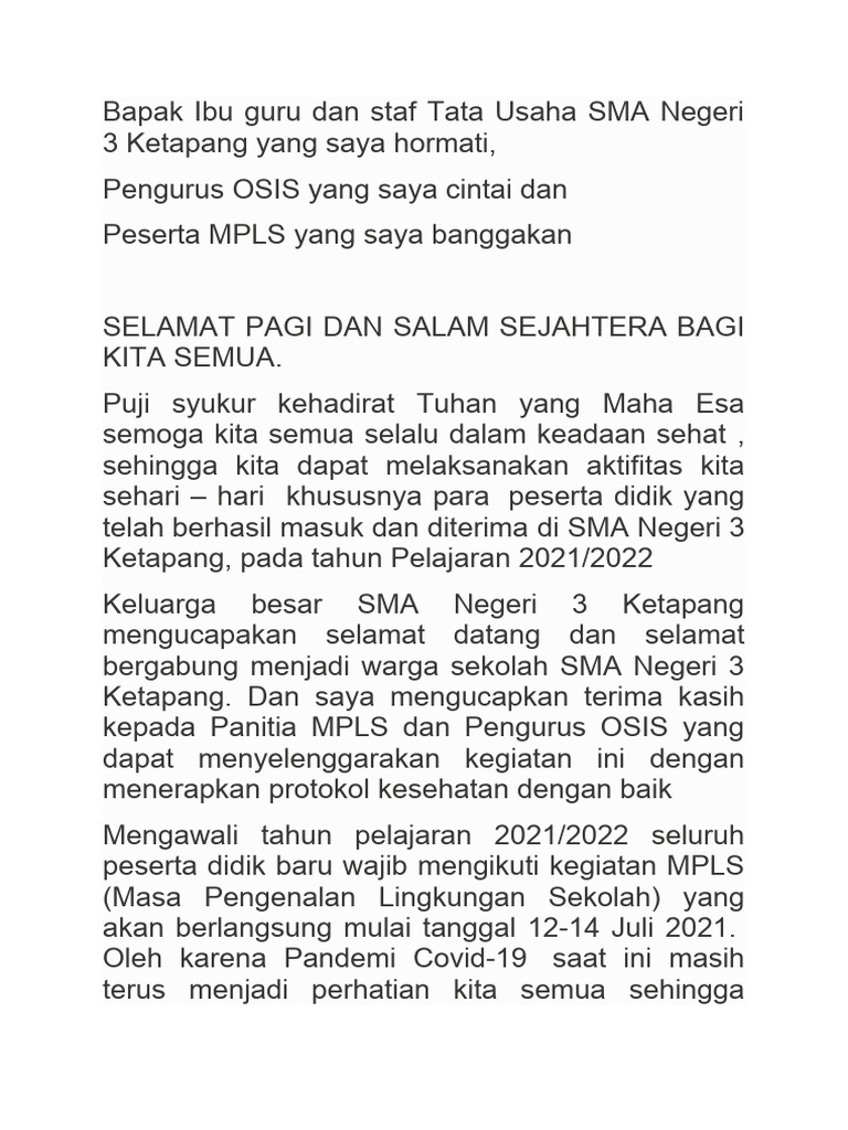 Sambutan Kepala Sekolah Mpls Pdf