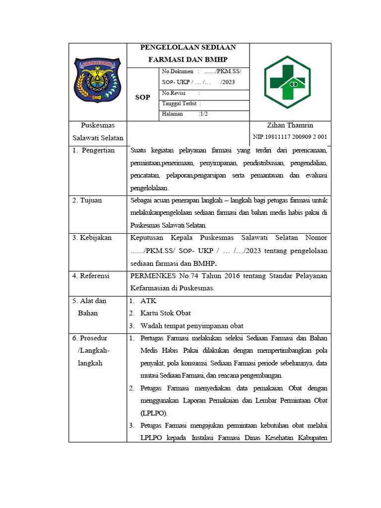 3.10.1.b SOP Pengelolaan Sediaan Farmasi Dan BMHP | PDF