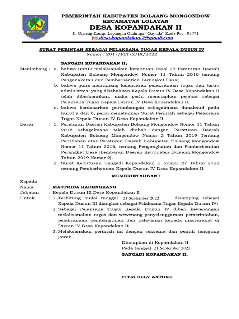 SK No.27 Tahun 2022 - SPT Nomor 2 Tentang PLT Kadus IV | PDF