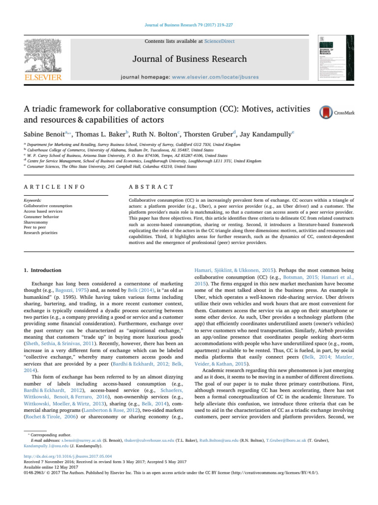 (Sabine Et Al, 2017) A Triadic Framework For Collaborative Consumption ...