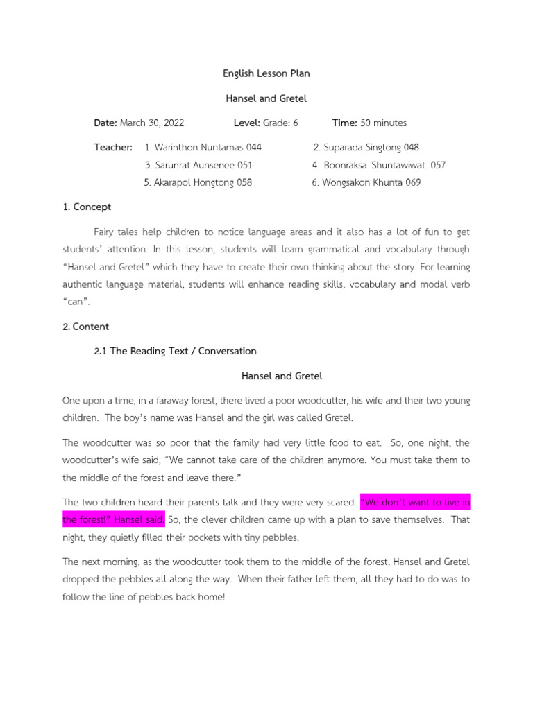 1A. Hansel and Gretel Fairy Tale - Lesson Plan - Use of CAN | PDF