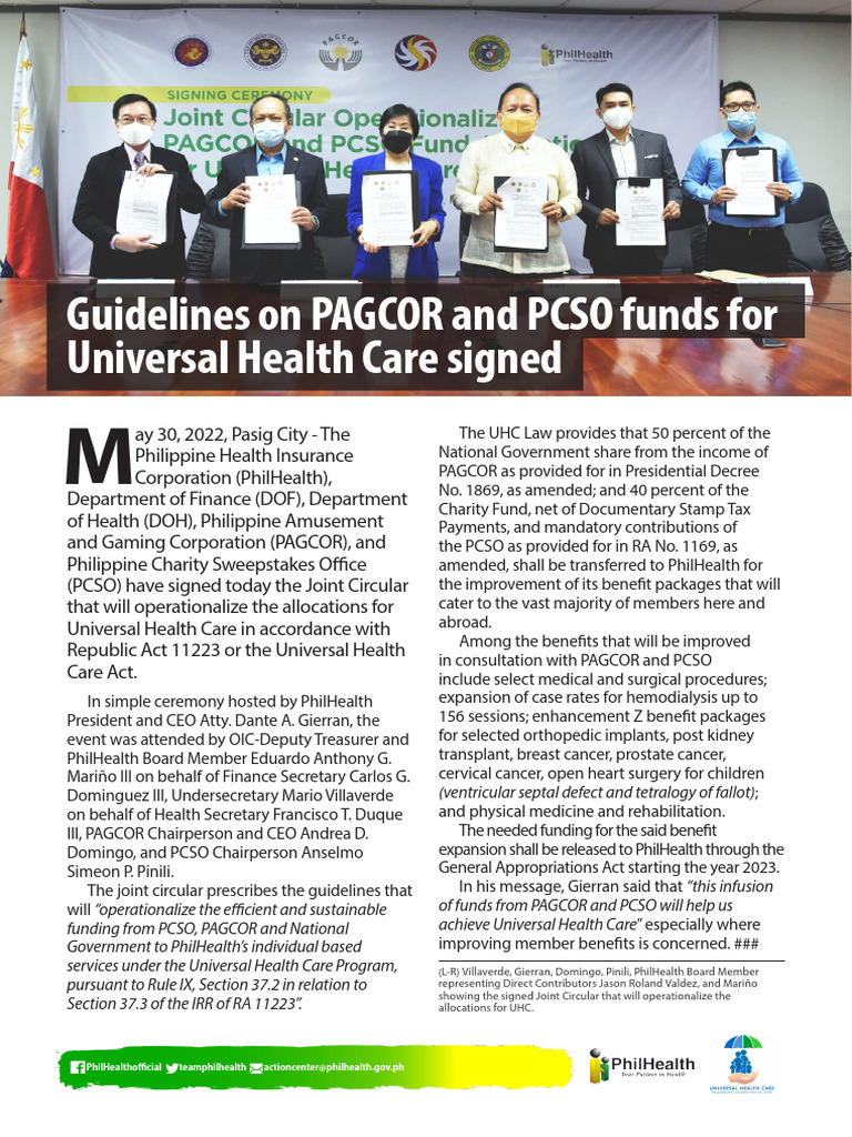 Guidelines On PAGCOR and PCSO Funds For Universal Health Care Signed | PDF