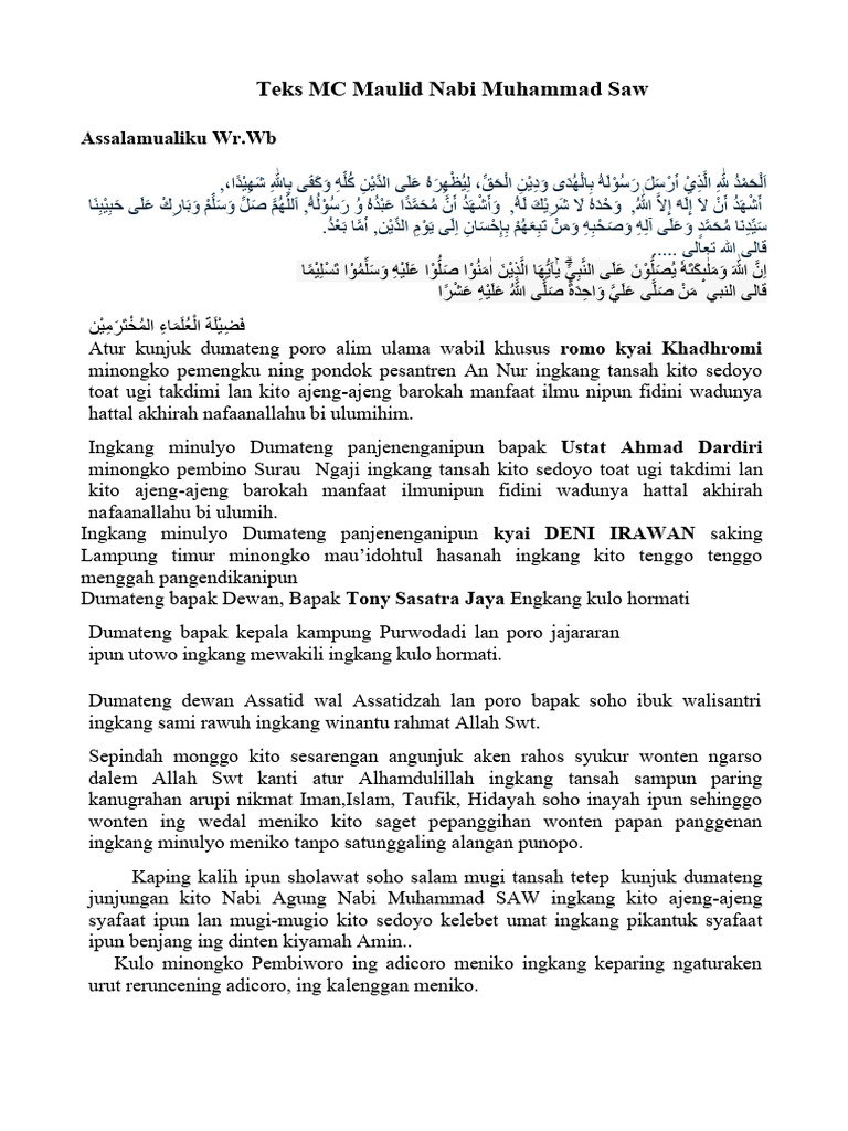 Teks MC Bahasa Jawa Maulid 2023 | PDF