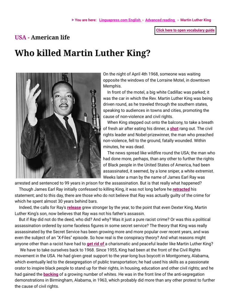 Who Killed Martin Luther King - Advanced English Reading | PDF | Martin ...