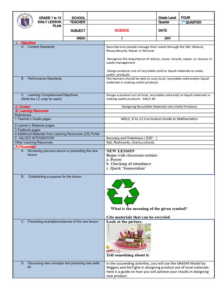 Cot Science 5 Week 7 q1 | PDF | Learning | Recycling