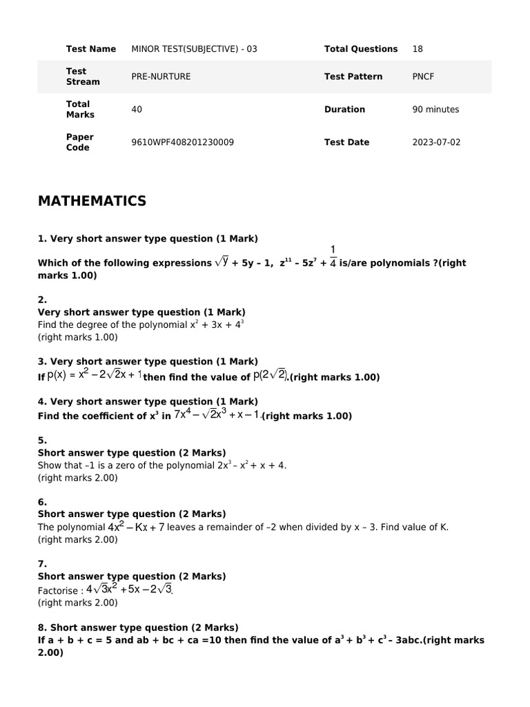Mathematics: Test Name Total Questions Test Stream Test Pattern Total ...