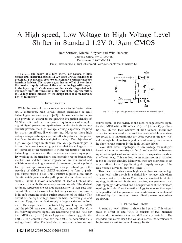 A High Speed, Low Voltage To High Voltage Level Shifter in Standard 1.2V 0.13 M Cmos | Download ...