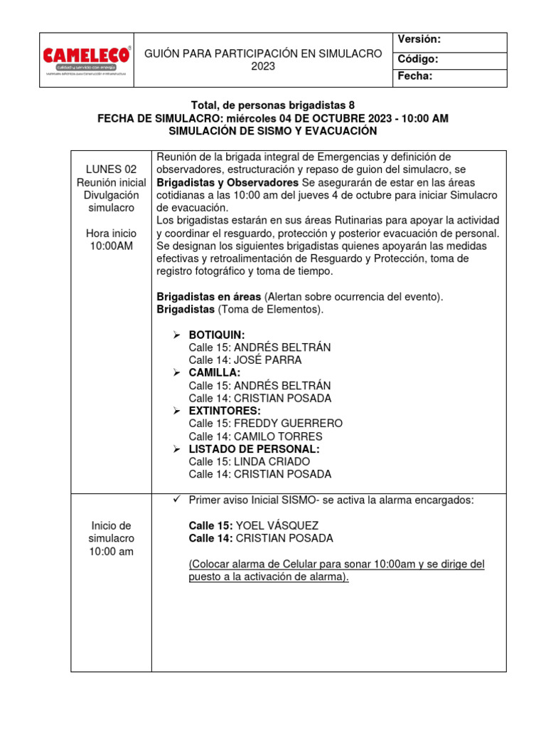 Guión Simulacro 4-10-2023 | PDF