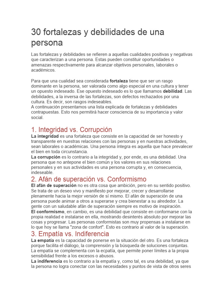 30 Fortalezas y Debilidades Personales | PDF | Tolerancia | Resiliencia ...