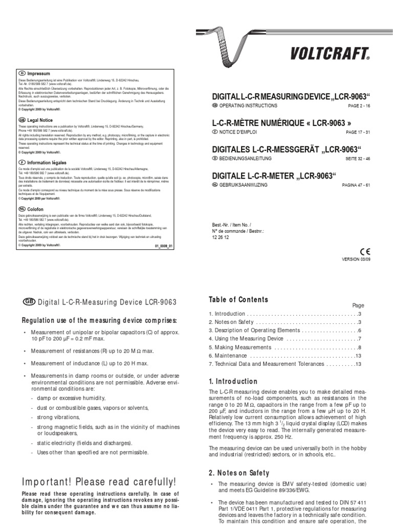 Voltcraft LCR9063 Digital LCR Meter Data Sheet | PDF