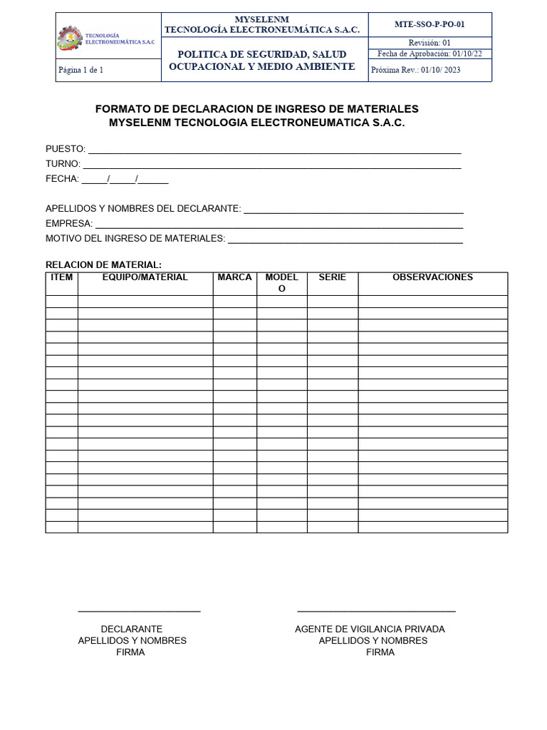 Formato de Declaracion de Ingreso de Materiales | PDF