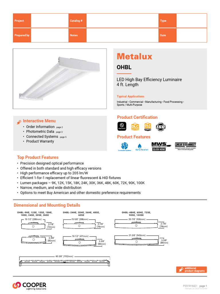 Metalux OHBL LED 4ft High Bay Spec Sheet | Download Free PDF | Light ...