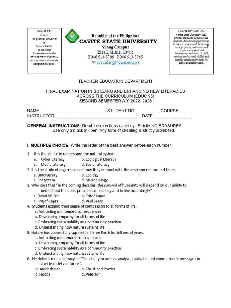 Educ 95 Final Examination | PDF | Literacy | Conversation