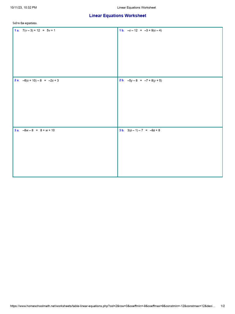 Linear Equations Worksheet | PDF