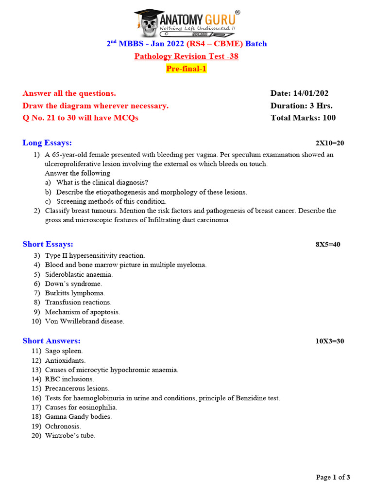 AG (RS4-CBME) Pathology-38 Pre-Final-1 100 Marks 14Th Jan 2022 2nd MBBS | PDF | Anemia | Blood