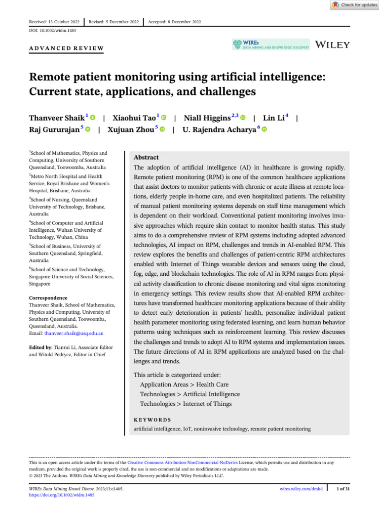 WIREs Data Min Knowl - 2023 - Shaik - Remote Patient Monitoring Using Artificial Intelligence ...