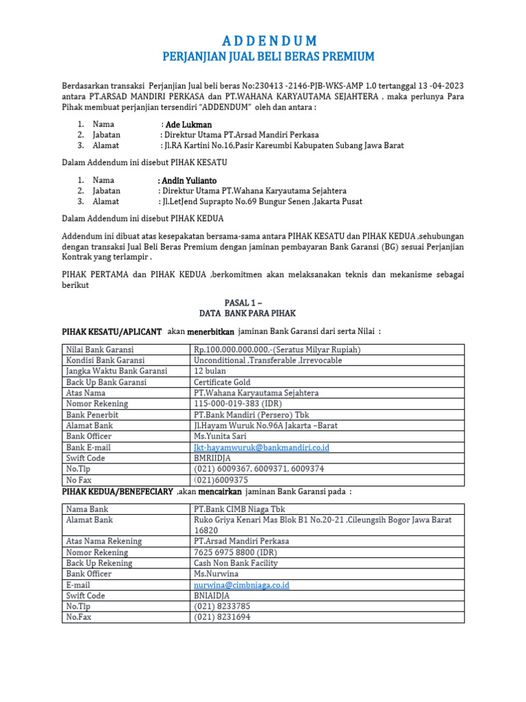 Addendum Perjanjian Jual Beli Beras | PDF