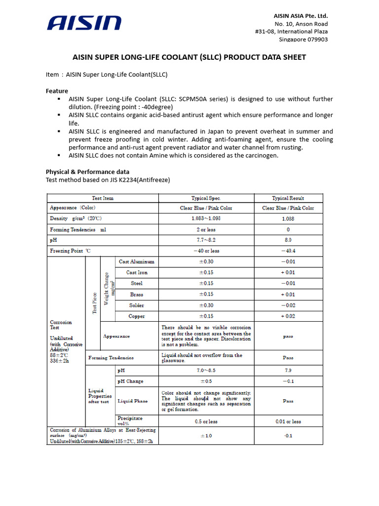 Aisin Super Long Life Coolant PDS Datasheet | PDF