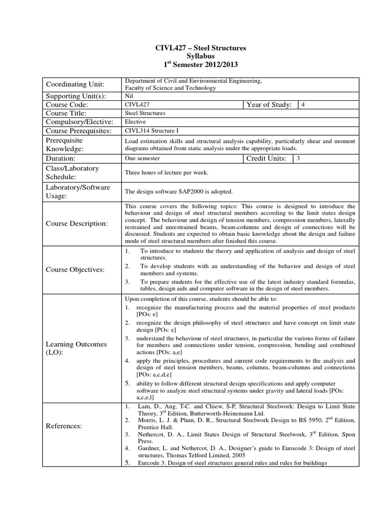 Steel Structures Course Syllabus | PDF
