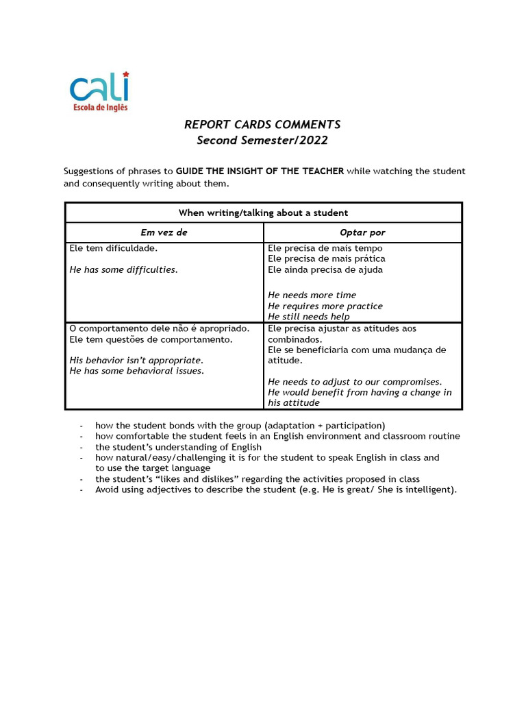 (Cs & Advs 2022) Report Cards Comments Second Semester | PDF | Attitude ...