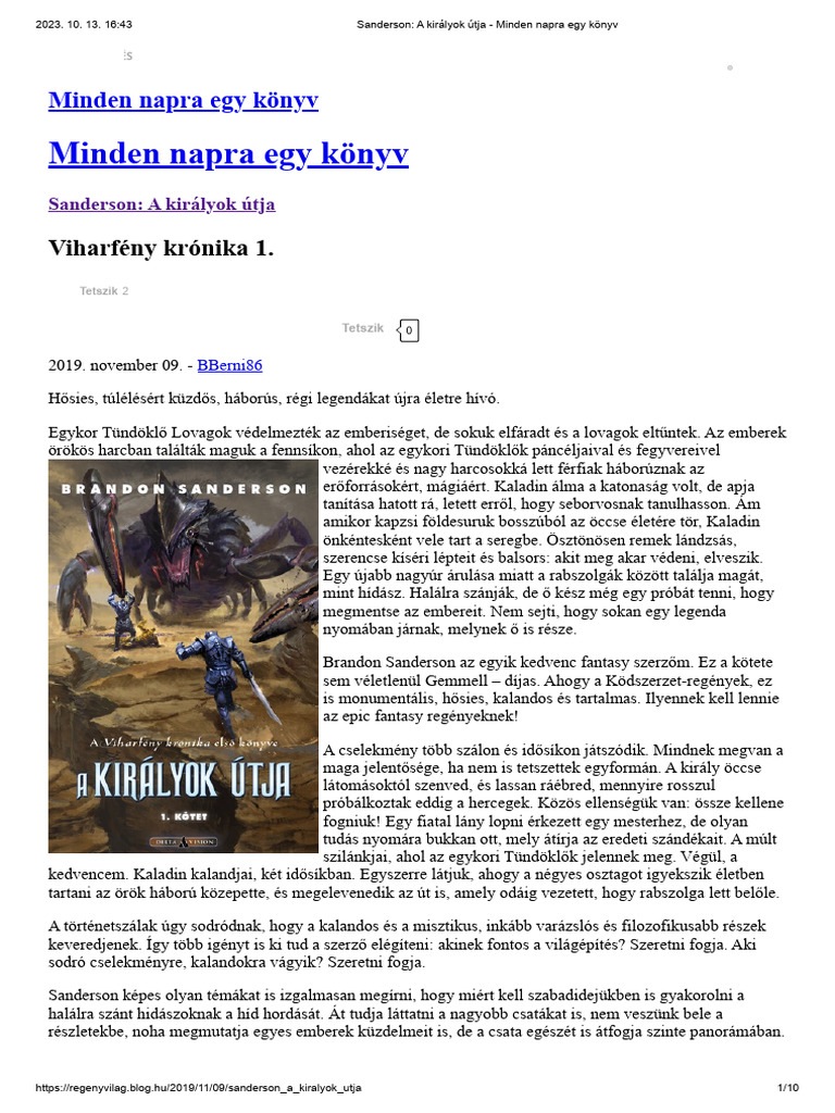 Sanderson - A Királyok Útja - Minden Napra Egy Könyv | PDF