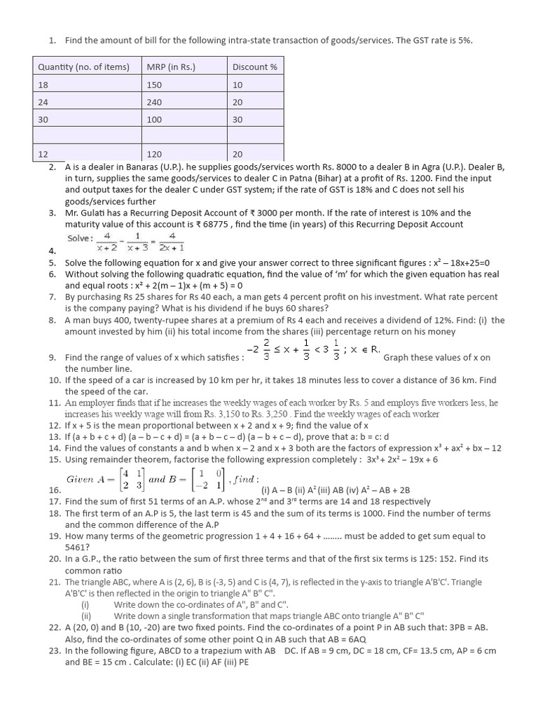 Test Maths ICSE Class X 2023 Vibgyor Mid-Term Syll | PDF