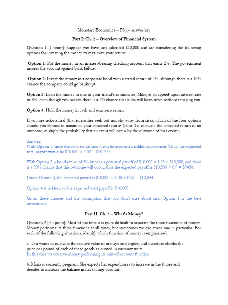 PS 1 - Ch. 2 & 3 - Answers | PDF | Money Supply | Money